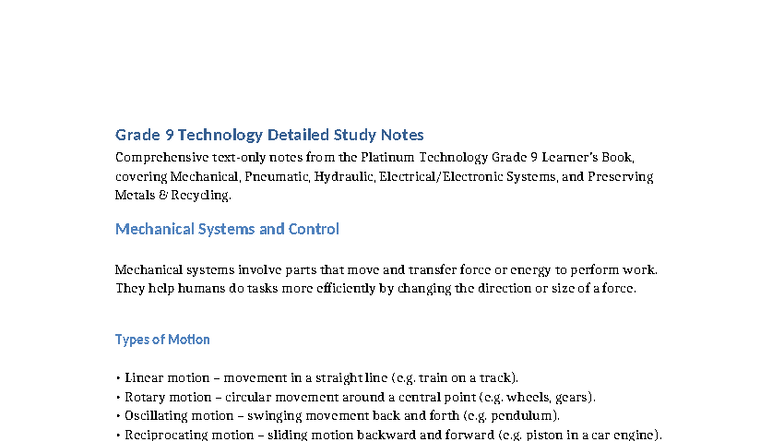 Grade 9 Tech Detailed Study Notes: Mechanical, Pneumatic & Hydraulic ...