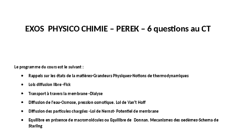 TD Physico-Chimie Perek: Questions et Exercices sur la Diffusion et ...