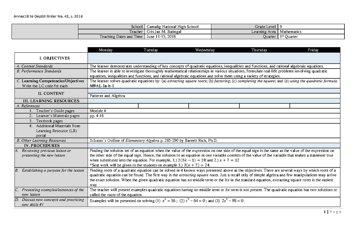 Dll-grade-9-math-q1-week-2 compress - Annex1B to DepEd Order No. 42, s ...