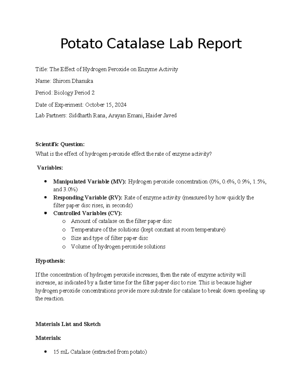 Biology Period 2: Potato Catalase Lab Report on Enzyme Activity Effects ...