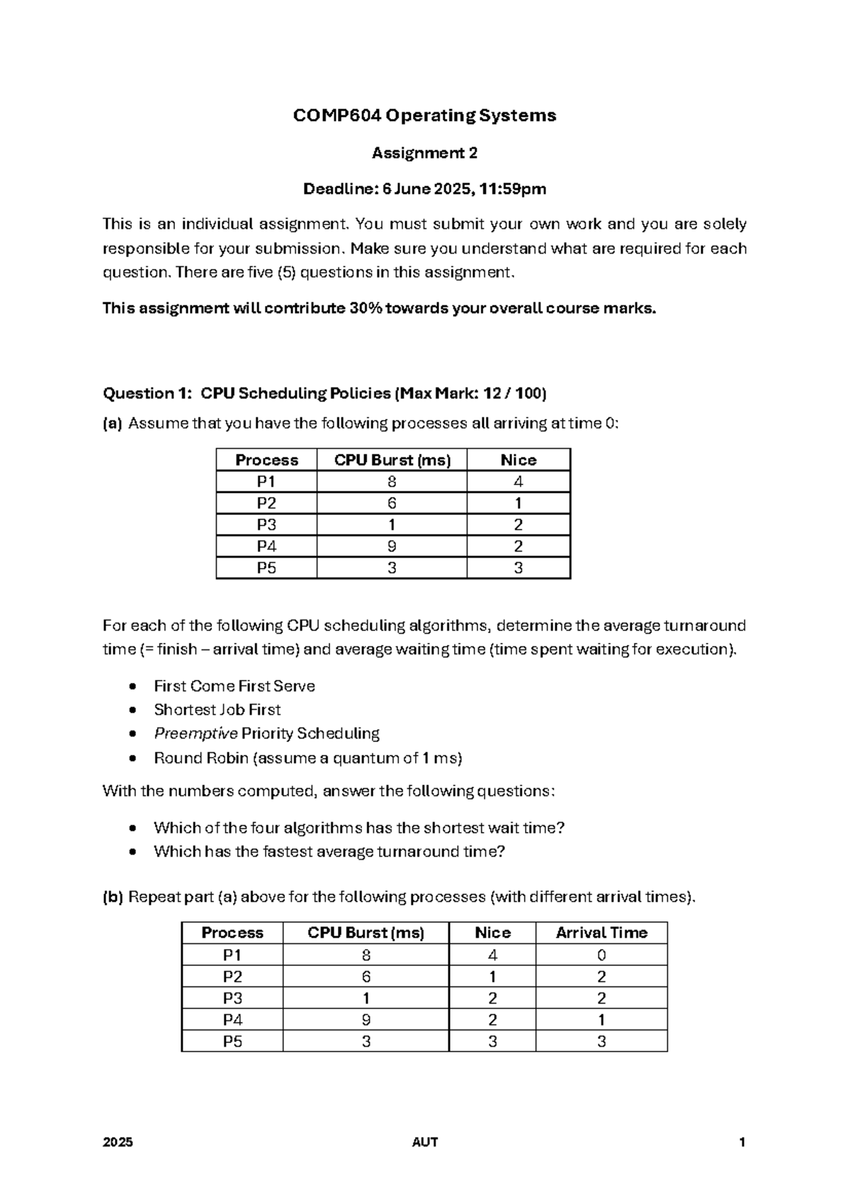 COMP604 Operating Systems Assignment 2 Guidelines and Questions 2025S1 ...