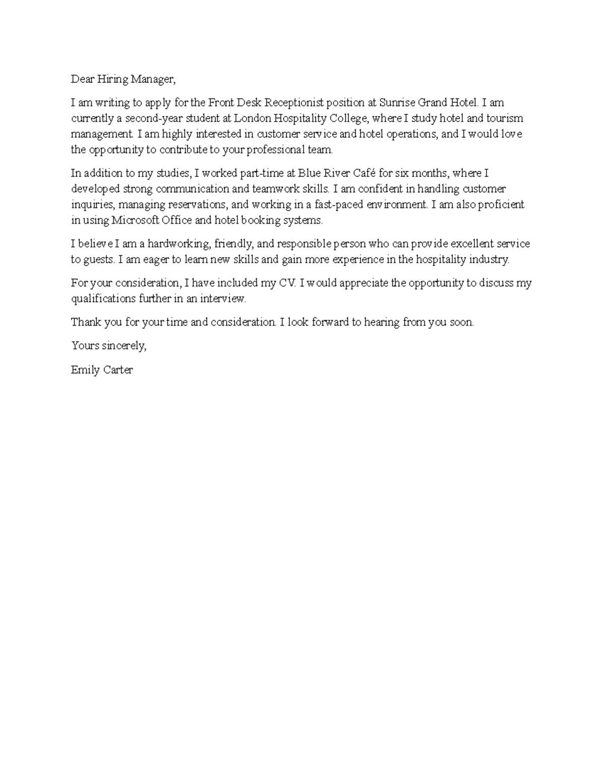 Unit 12 - Application Letter for Front Desk Receptionist Position - Studocu