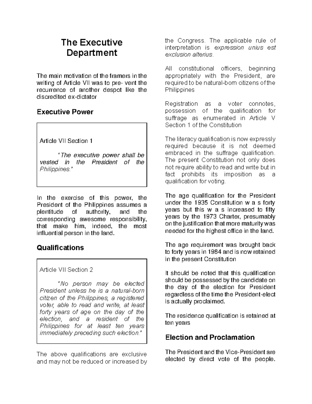 Philippine Constitution: Overview of the Executive Department - Studocu