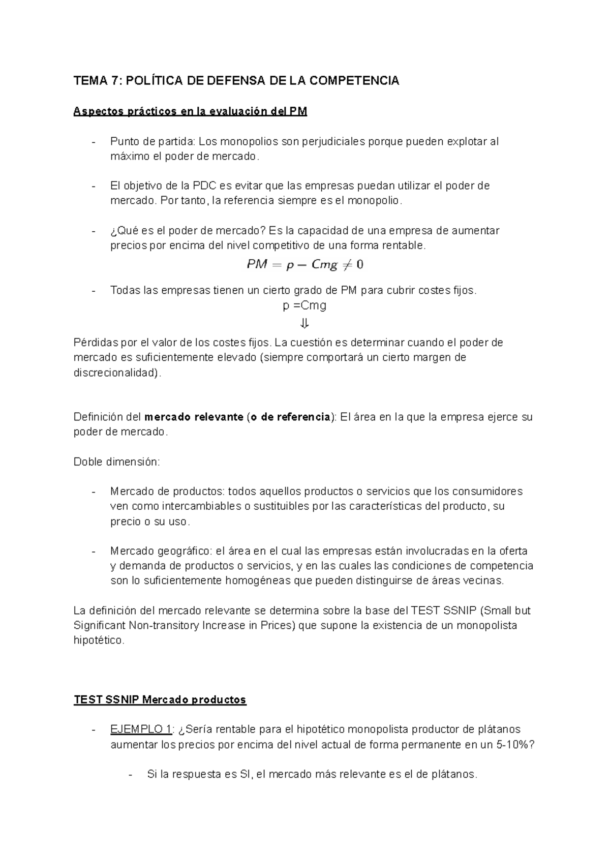 TEMA 7: POLÍTICA DE DEFENSA DE LA COMPETENCIA - Evaluación del PM - Studocu