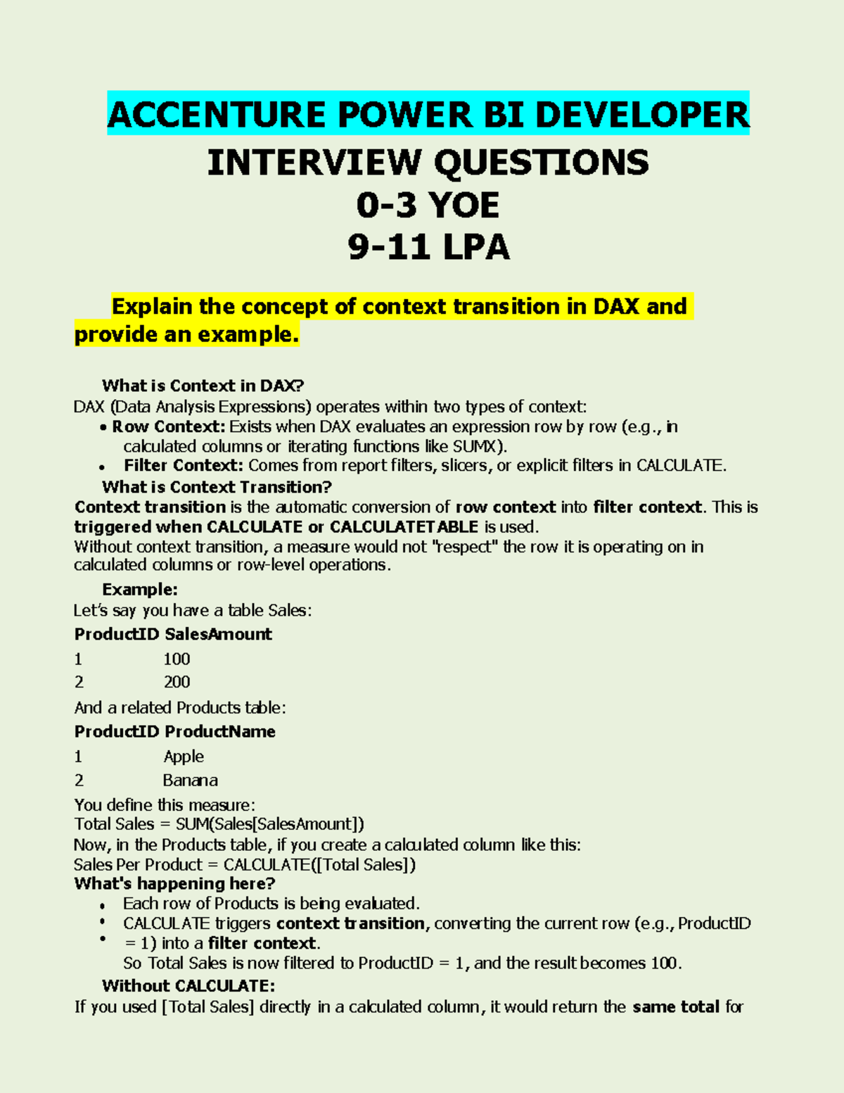 ACCENTURE POWER BI DEVELOPER INTERVIEW QUESTIONS & ANSWERS - Studocu