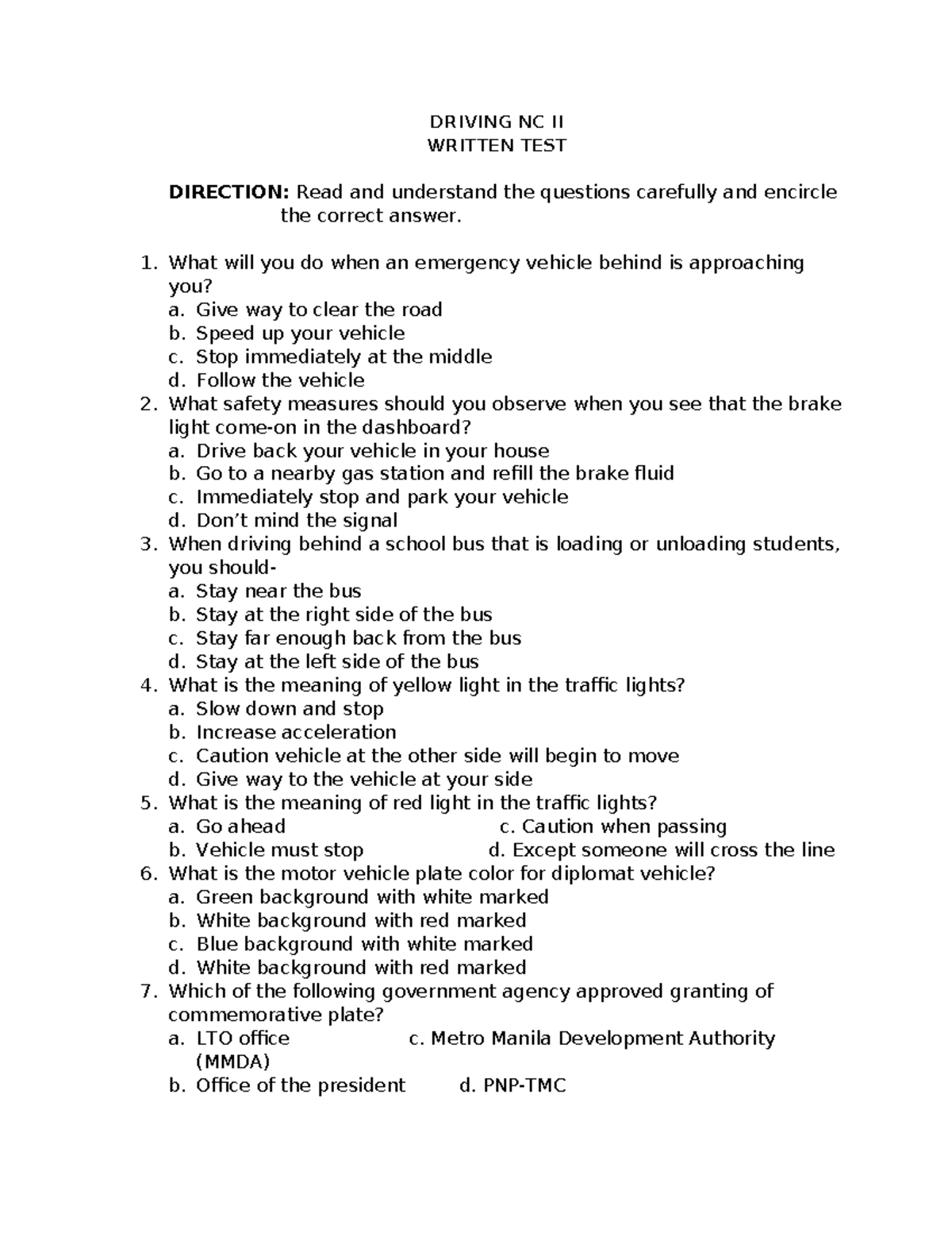 Driving NC II Written Test Questions and Answer Key - Studocu