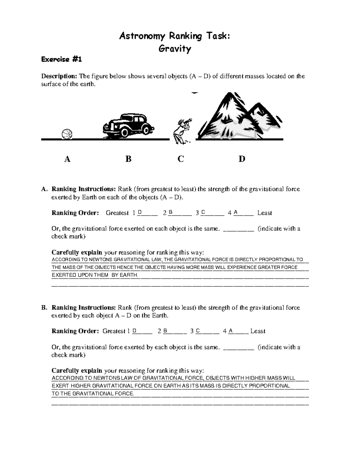 Gravity Ranking Exercise for Objects and Asteroids - Studocu