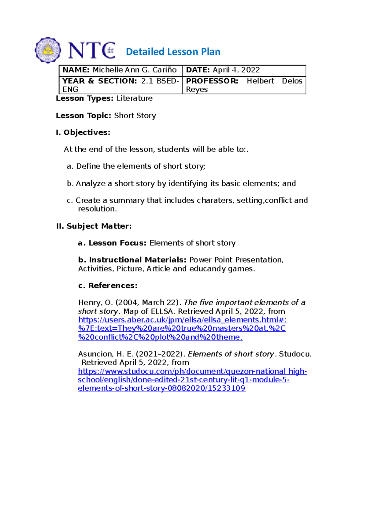 Detailed-Lesson-Plan_Elements of a Short Story - Secondary Education ...