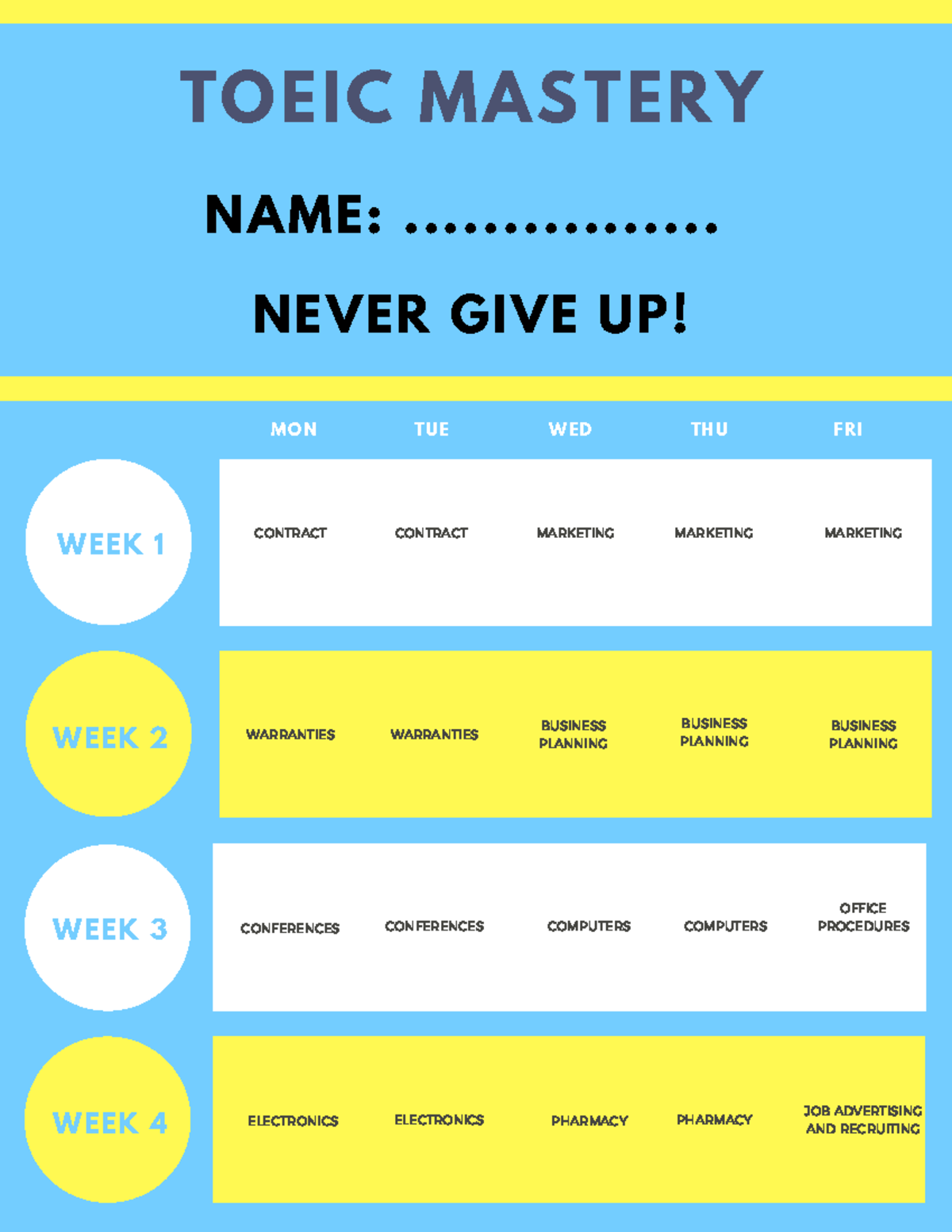 TOEIC MASTERY PLAN - WEEKLY STUDY SCHEDULE - Studocu
