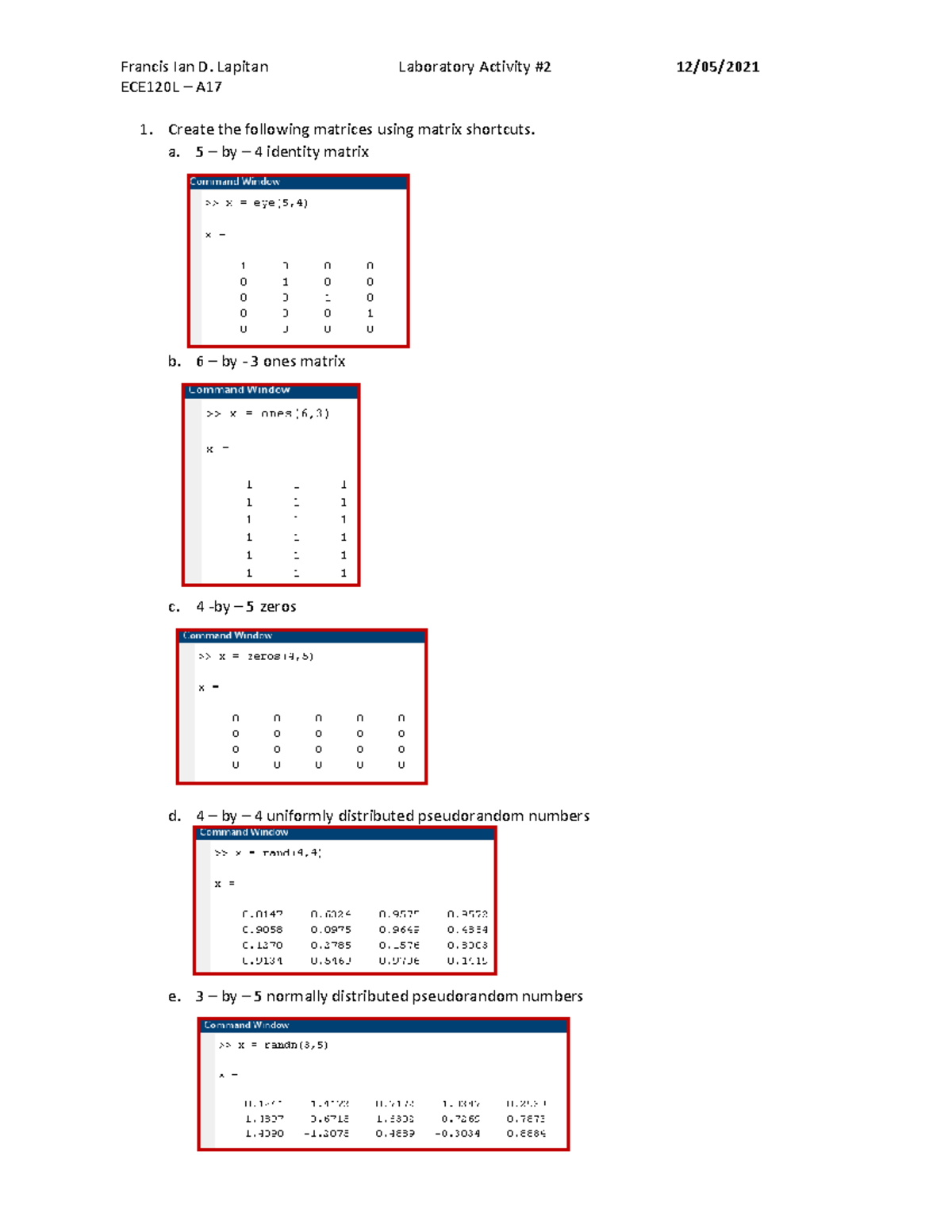 laboratory activity #2 matrices - ECE120L – A Create the following matrices using matrix ...