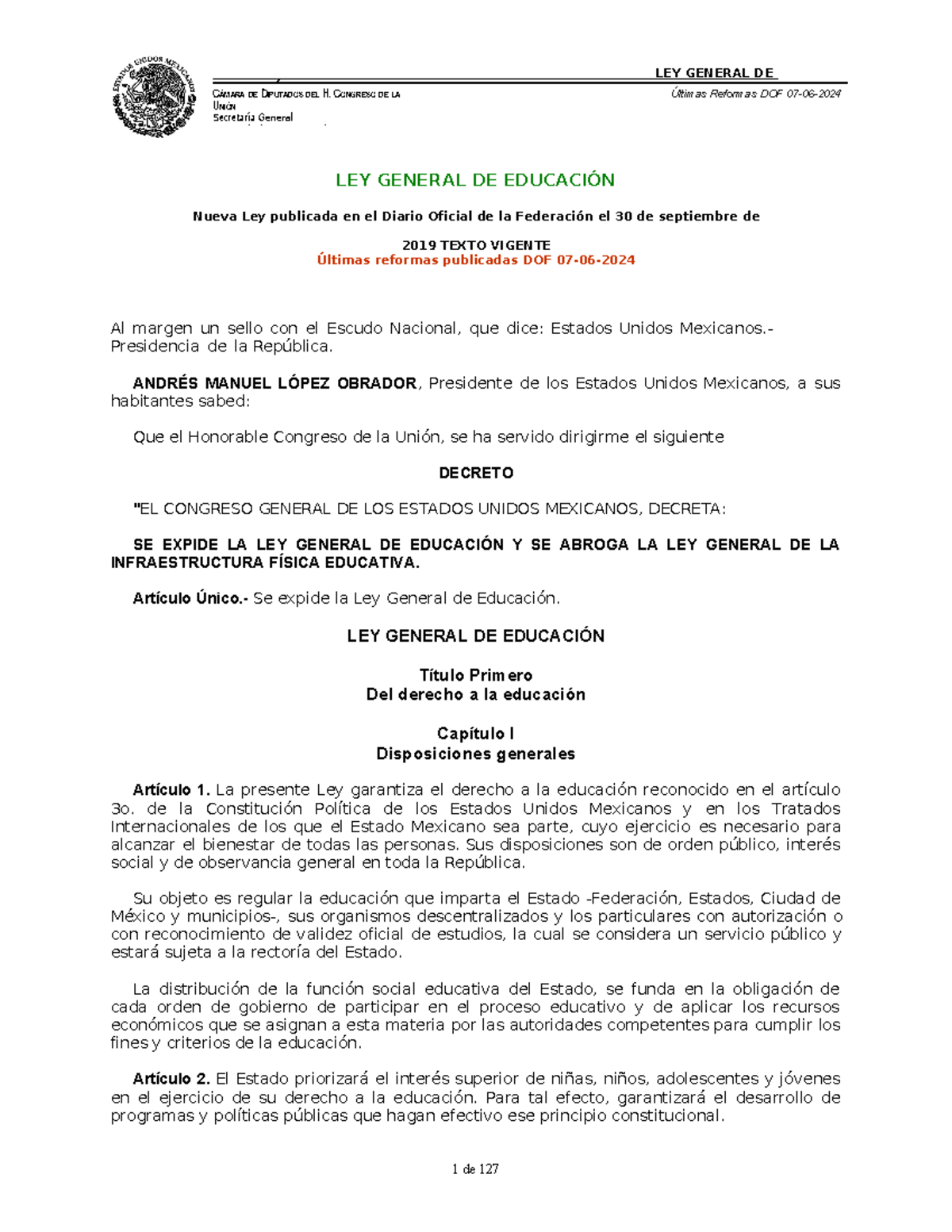 LEY GENERAL DE EDUCACIÓN: Últimas Reformas y Disposiciones Vigentes ...