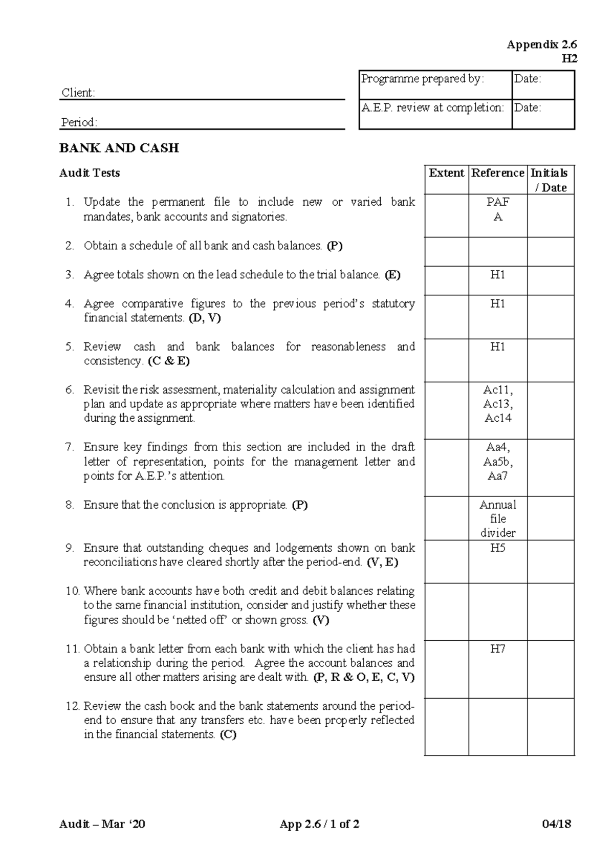 2.6 H2 Bank and Cash Audit Programme: Comprehensive Review Checklist ...