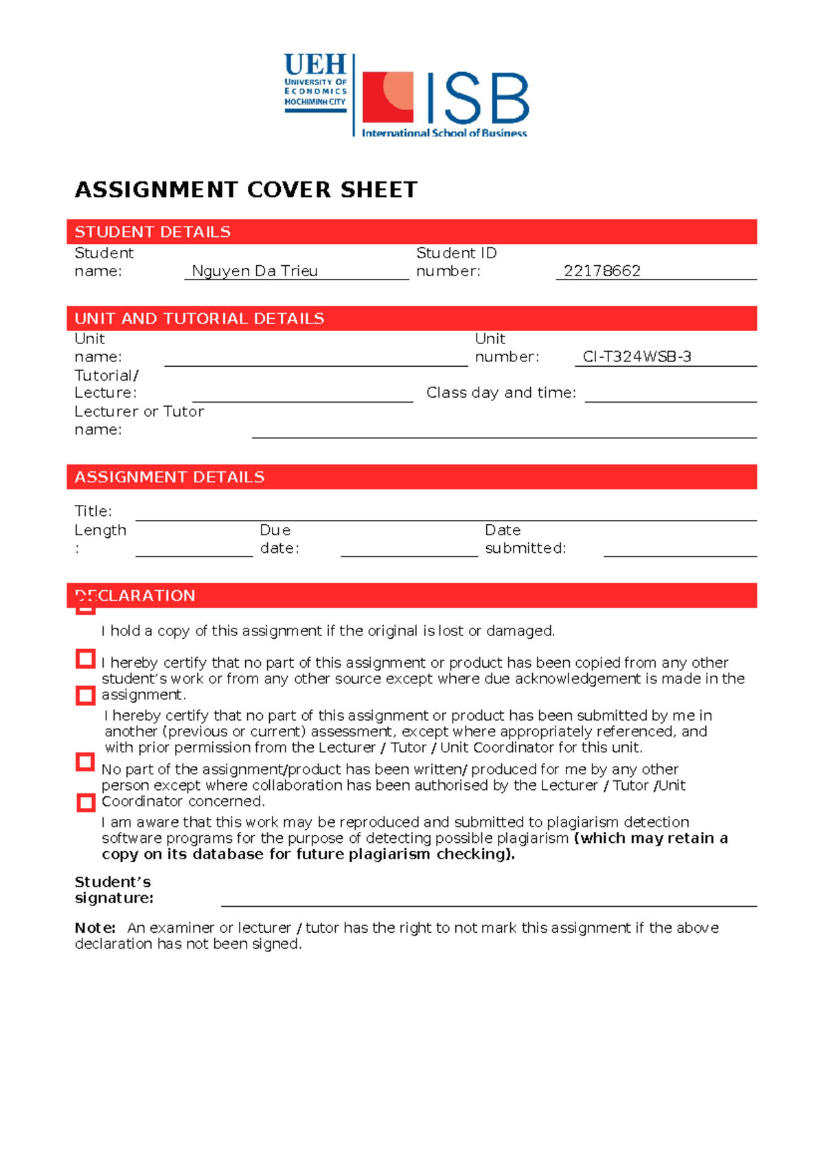 Individual Assignment Cover Sheet ISB - ASSIGNMENT COVER SHEET STUDENT ...