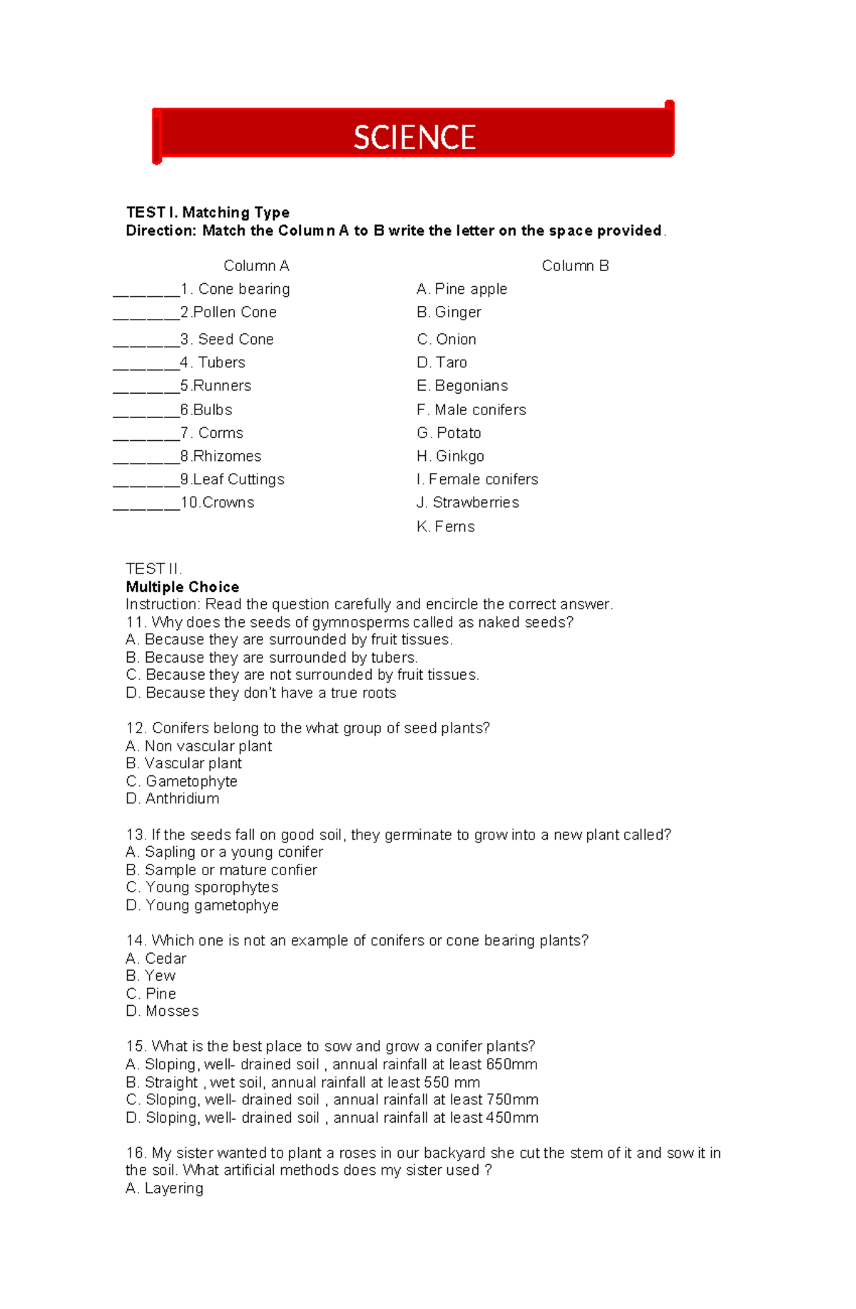 SCIENCE 3RD QTR EXAM: TEST I-IV ON PLANT BIOLOGY - Studocu
