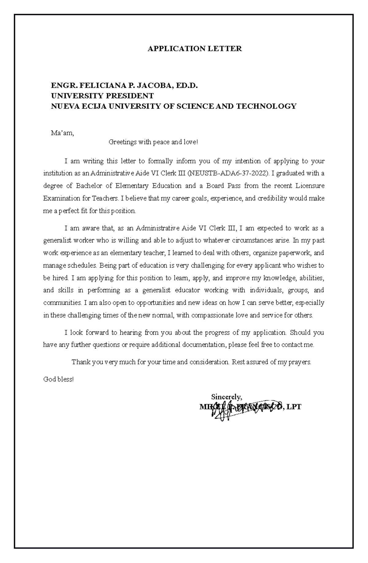 ( Neustb ADA6 37 2022 - hehe - APPLICATION LETTER ENGR. FELICIANA P ...