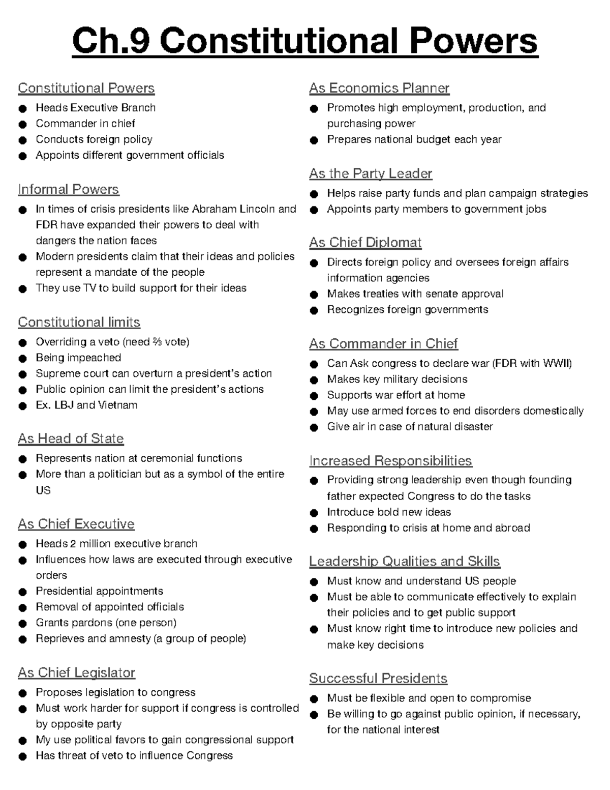 Ch.9 Notes on Constitutional Powers and Presidential Roles - Studocu