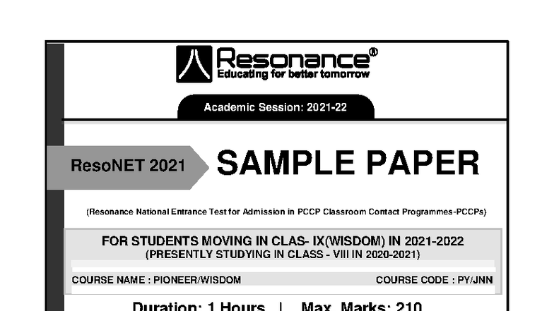 ResoNET 2021 Sample Paper for IX Class (PCCP) - Studocu