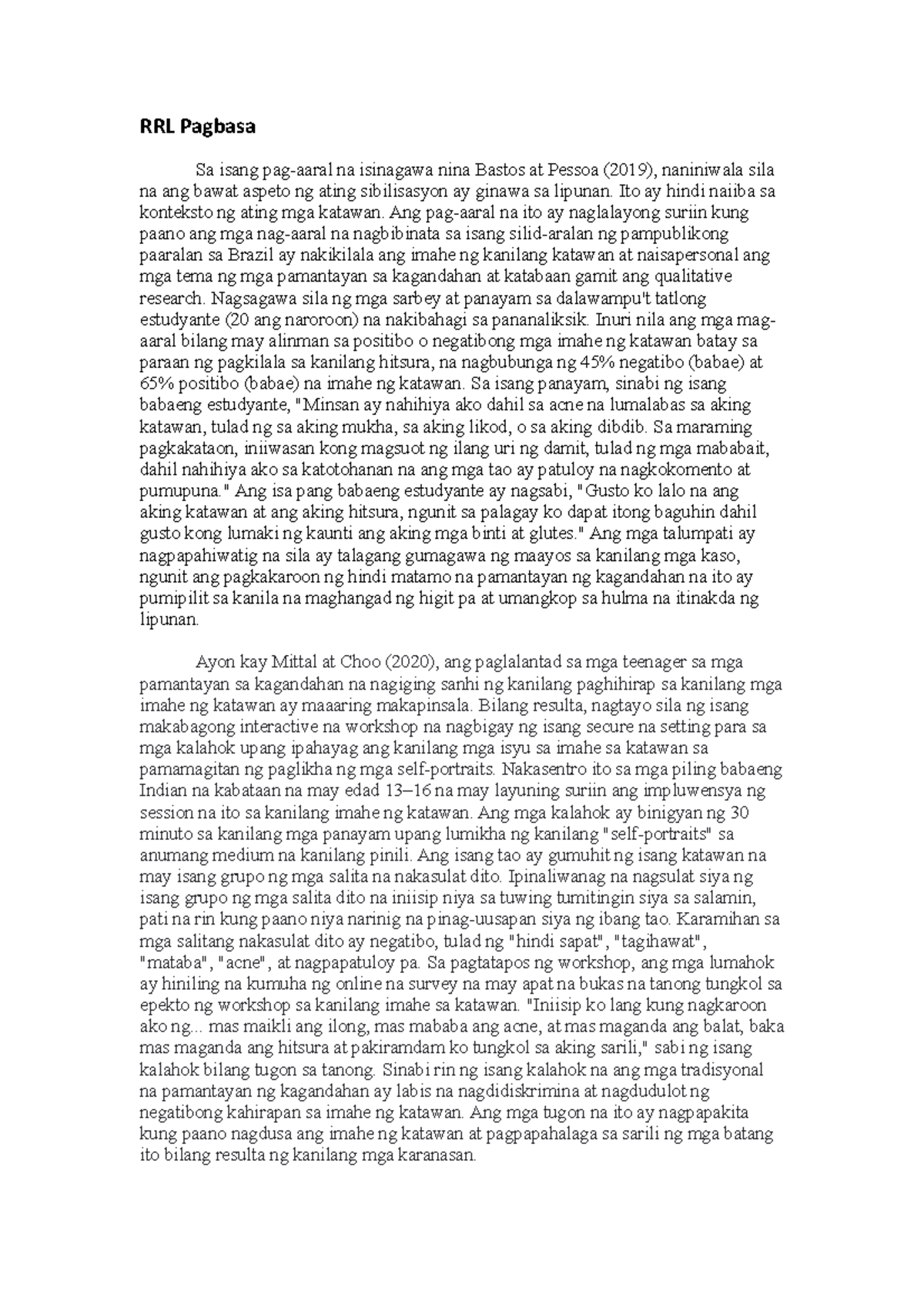 RRL-Pagbasa - none - RRL Pagbasa Sa isang pag-aaral na isinagawa nina Bastos at Pessoa (2019 ...