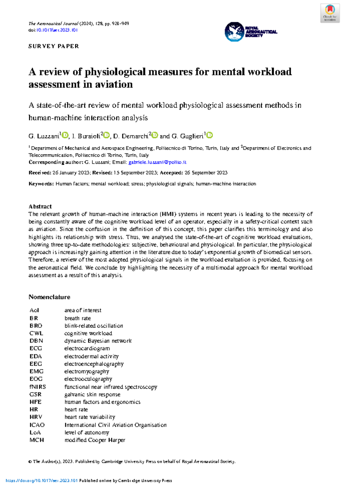 Physiological Measures for Mental Workload Assessment in Aviation (AER ...