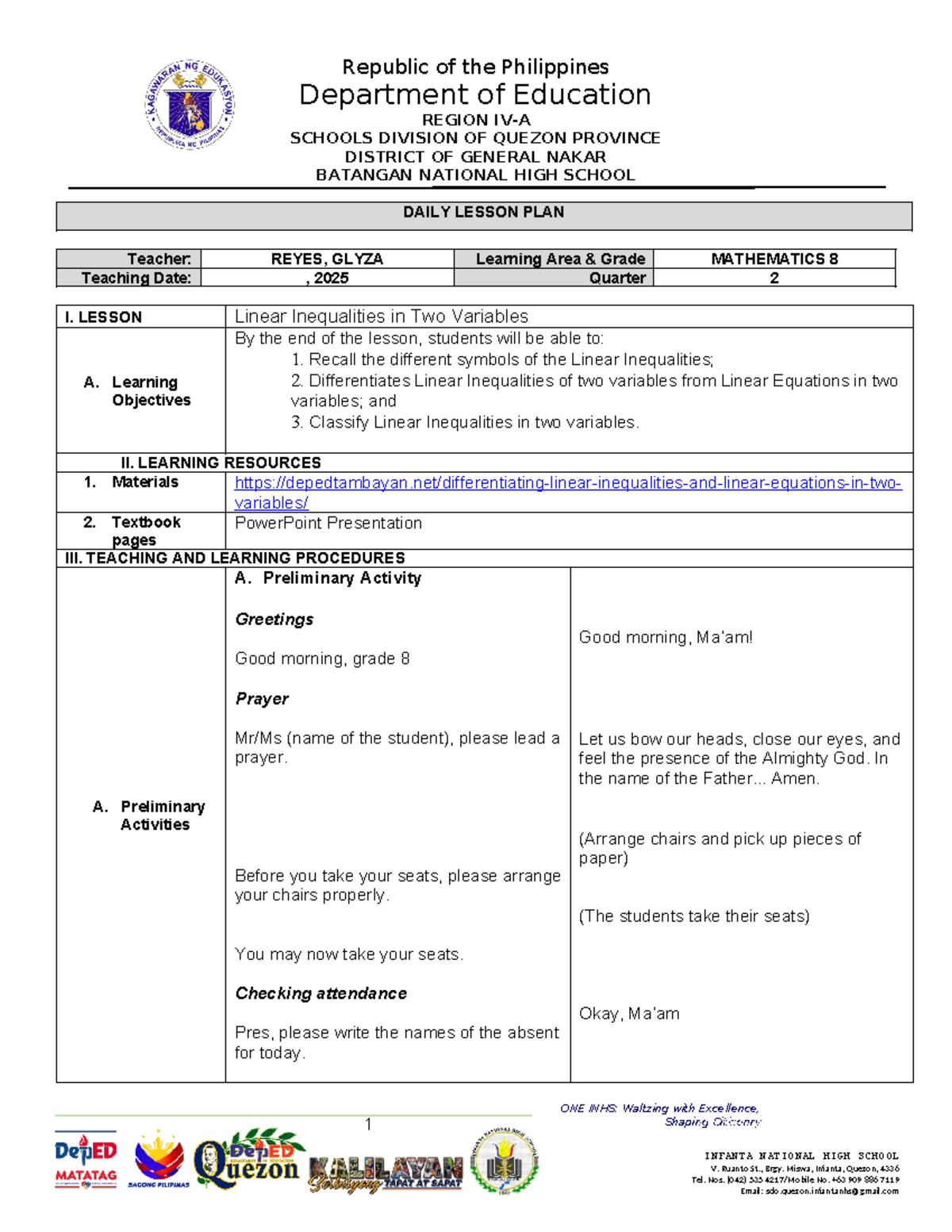 Mathematics 8 - Daily Lesson Plan on Linear Inequalities - Studocu