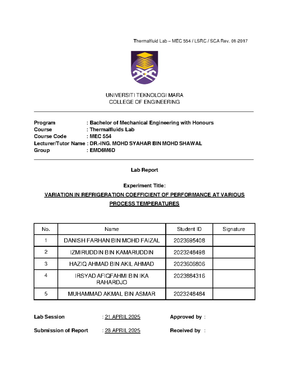 MEC 554 Lab Report: COP Variation in Refrigeration Cycle at Different ...