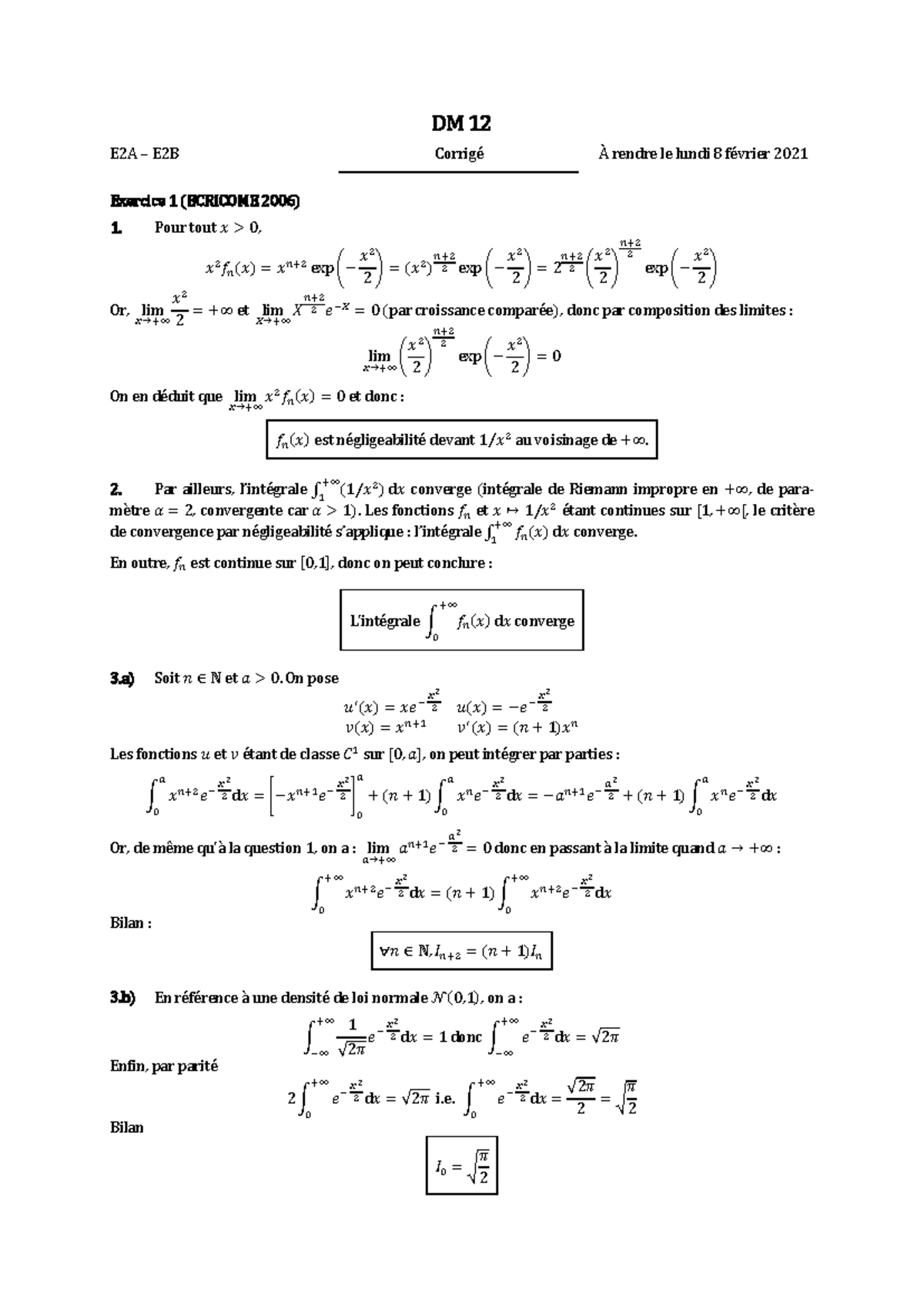 DM 12 corrigé - DM de mathématiques corrigé - DM 12 E2A – E2B Corrigé À ...