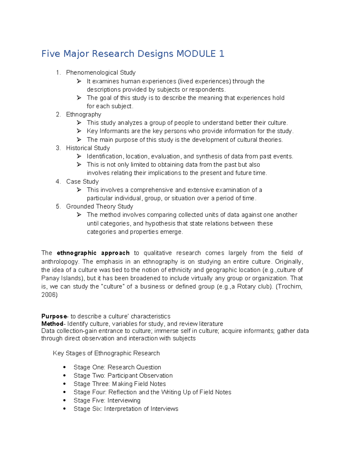 Research Designs Overview: MODULE 1 - Key Qualitative Approaches - Studocu