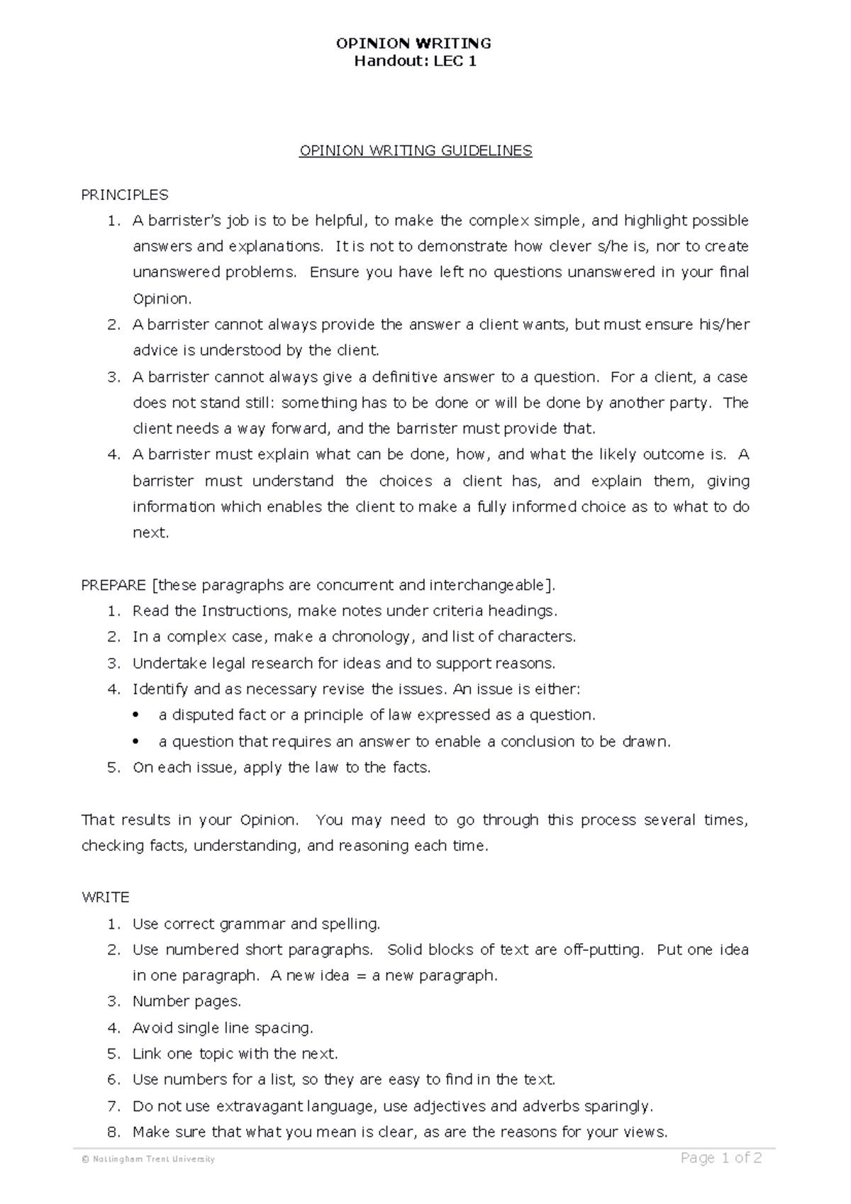 Guidelines for Writing an Opinion - LEC 1 Handout - Studocu