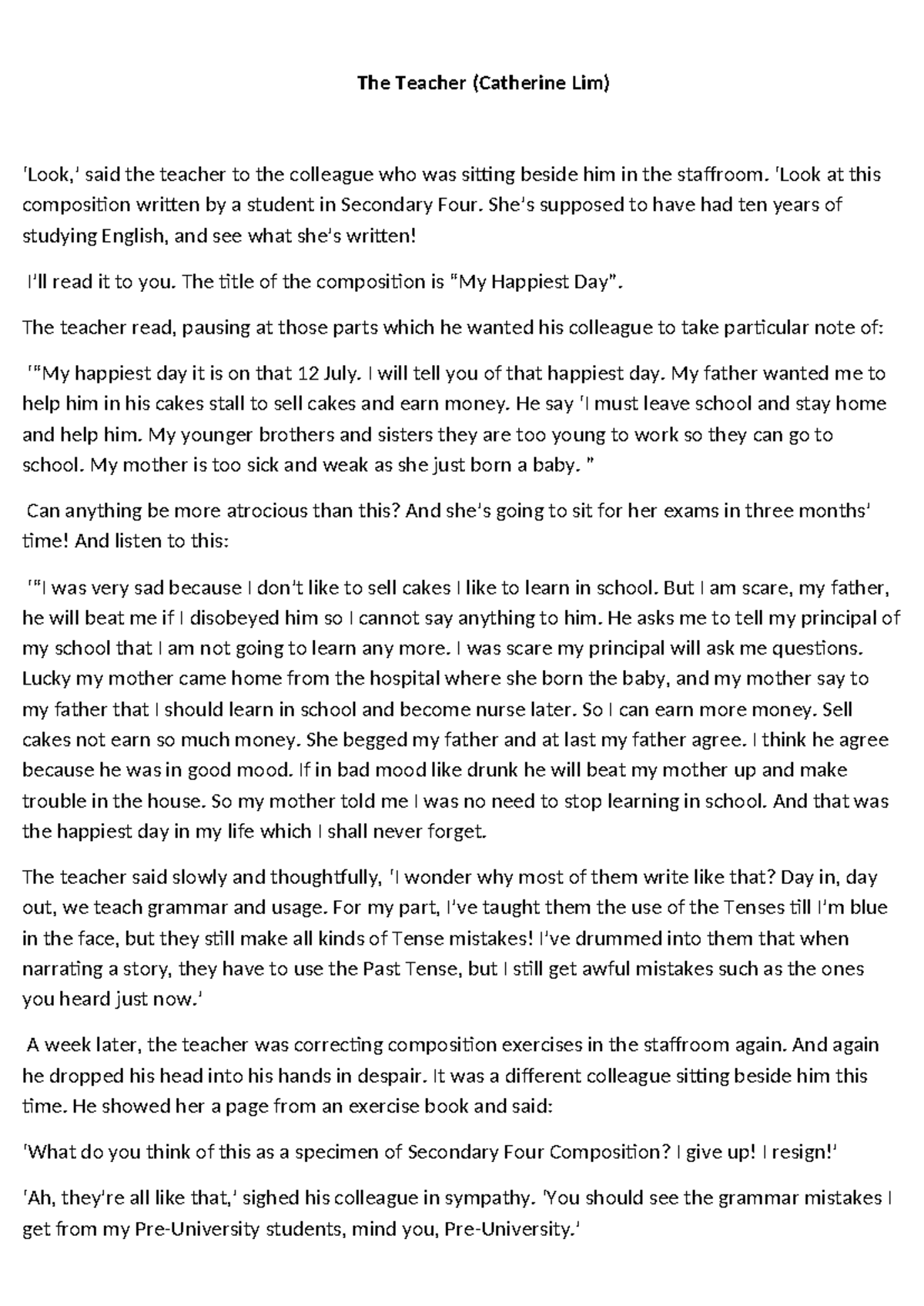Catherine Lim's "The Teacher" - Analysis & Composition Notes - Studocu