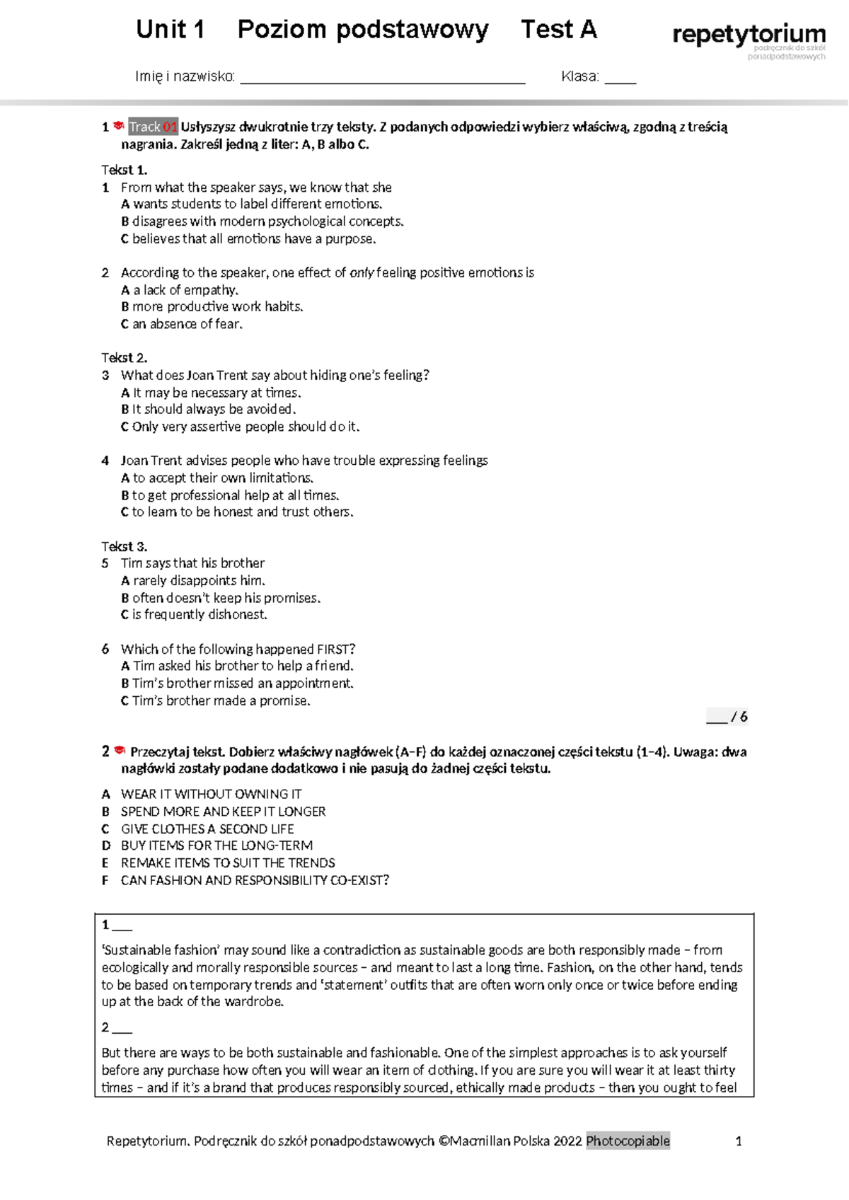 U1 Test A: Poziom podstawowy - Sprawdzenie wiedzy - Studocu