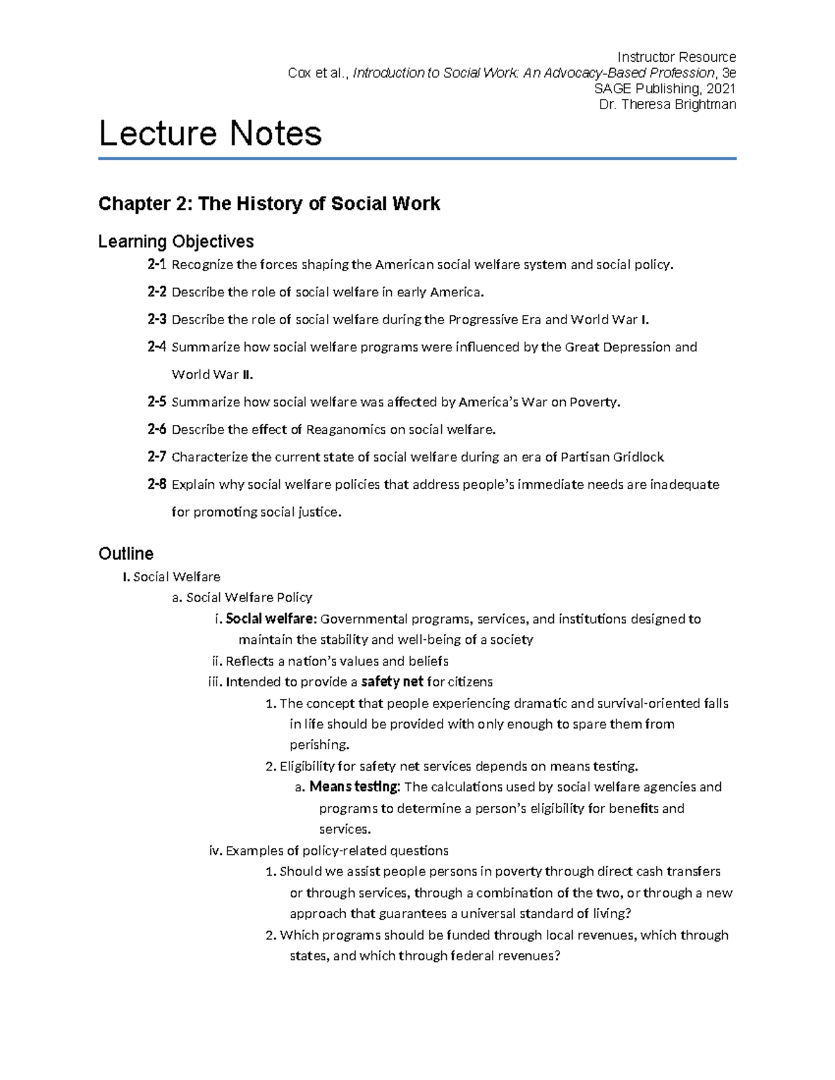 SOCW 201: Lecture Notes on Social Welfare Policies in America - Studocu