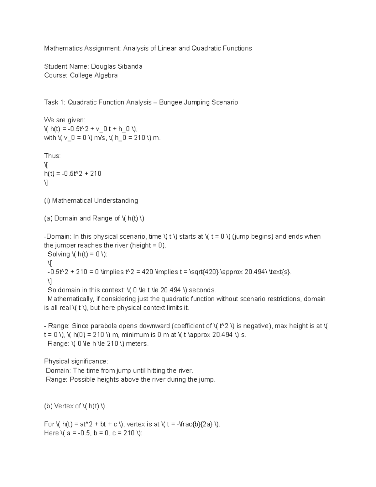 Mathematics Assignment: Analysis of Linear & Quadratic Functions ...