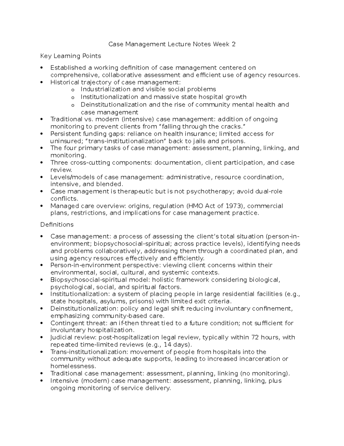 Case Management Lecture Notes (Week 2): Key Concepts & Historical ...