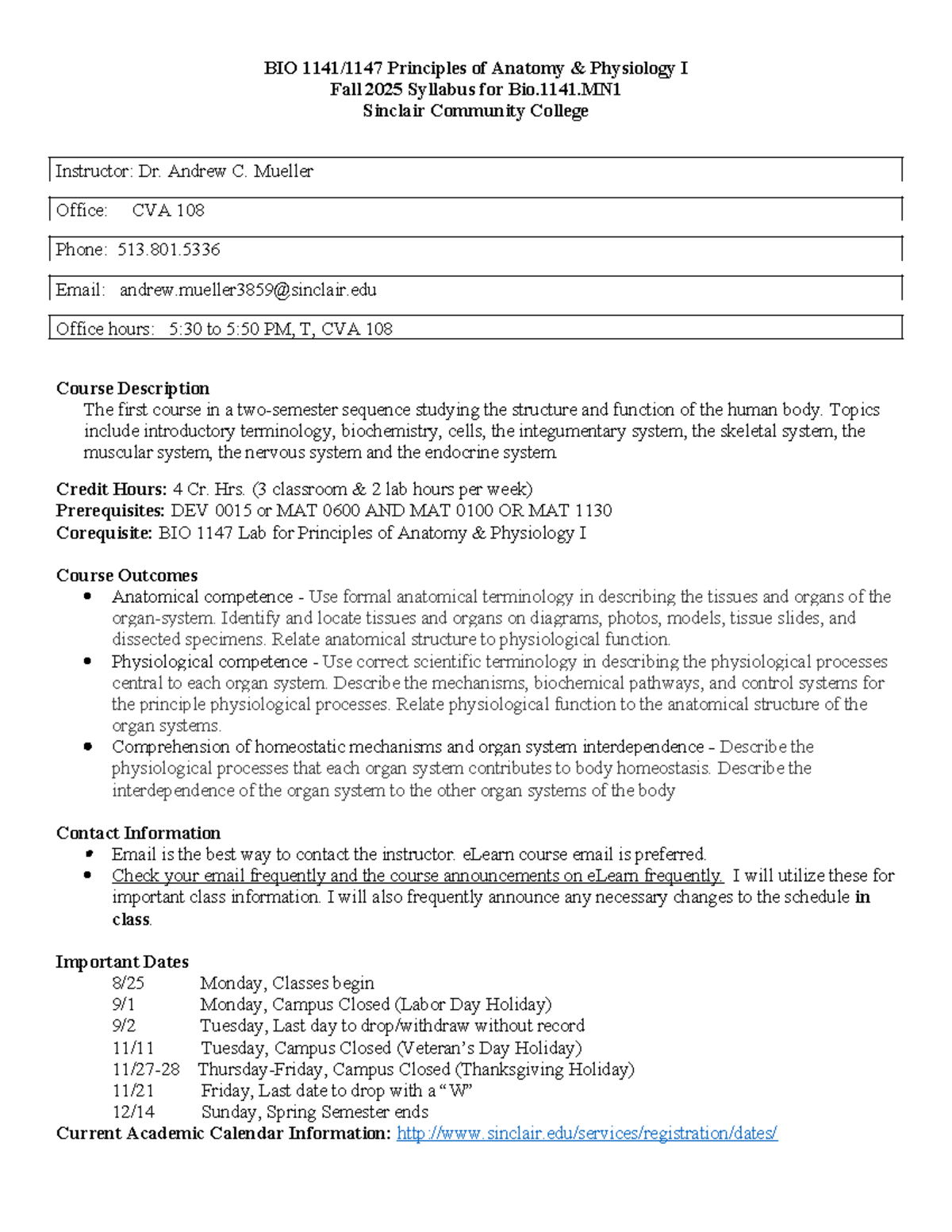 BIO 1141 Principles of Anatomy & Physiology I Syllabus Fall 2025 - Studocu