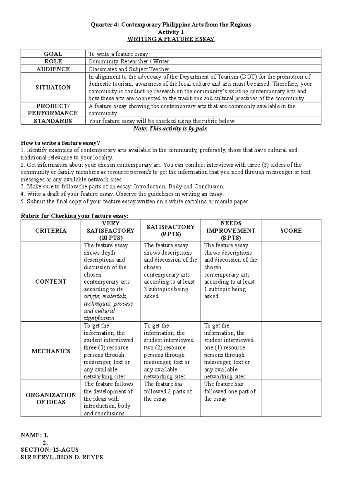 CPAR-Act1: Feature Essay Activity on Contemporary Arts - Studocu