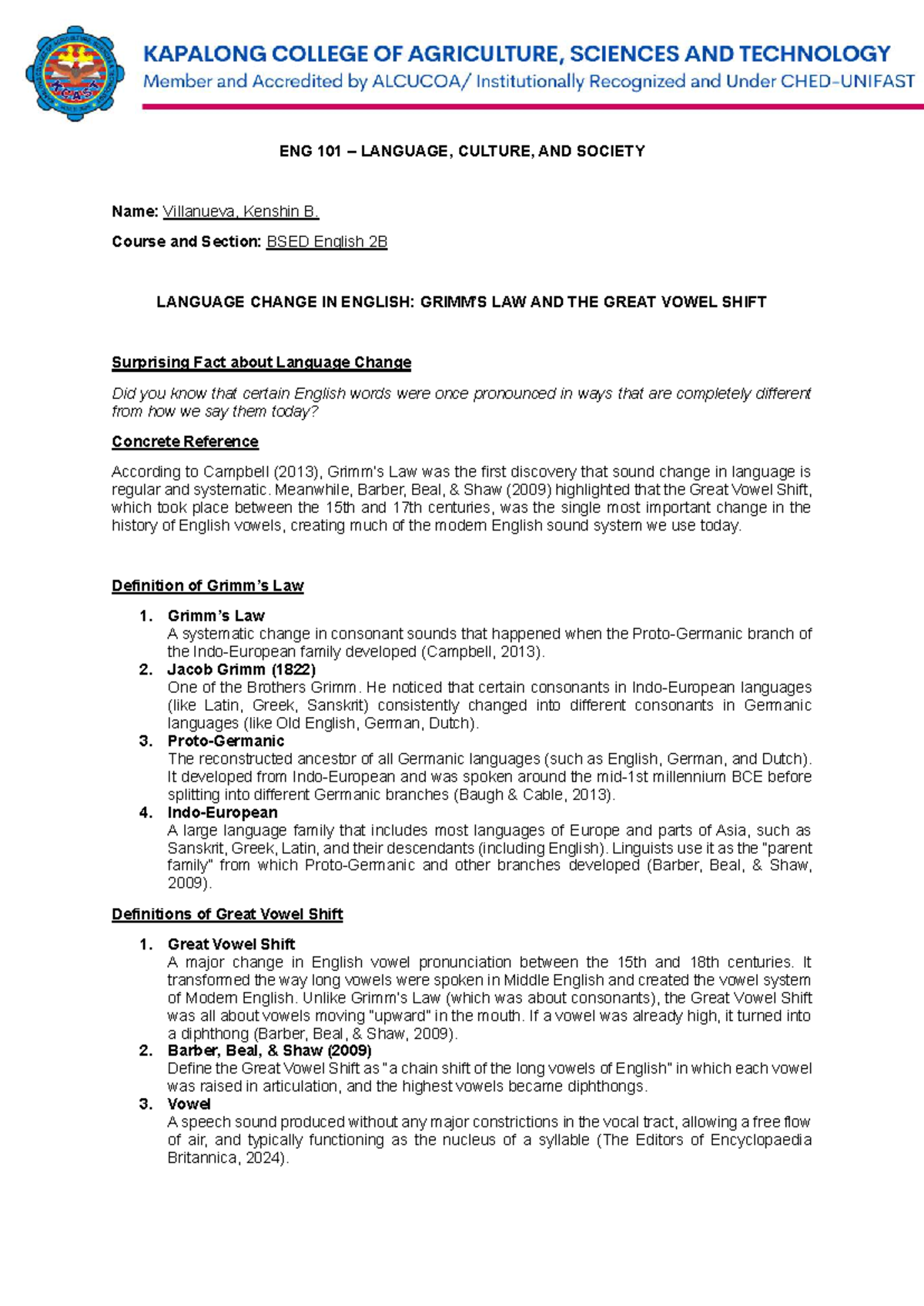 ENG 101 Final Exam: Grimm's Law & the Great Vowel Shift - Studocu