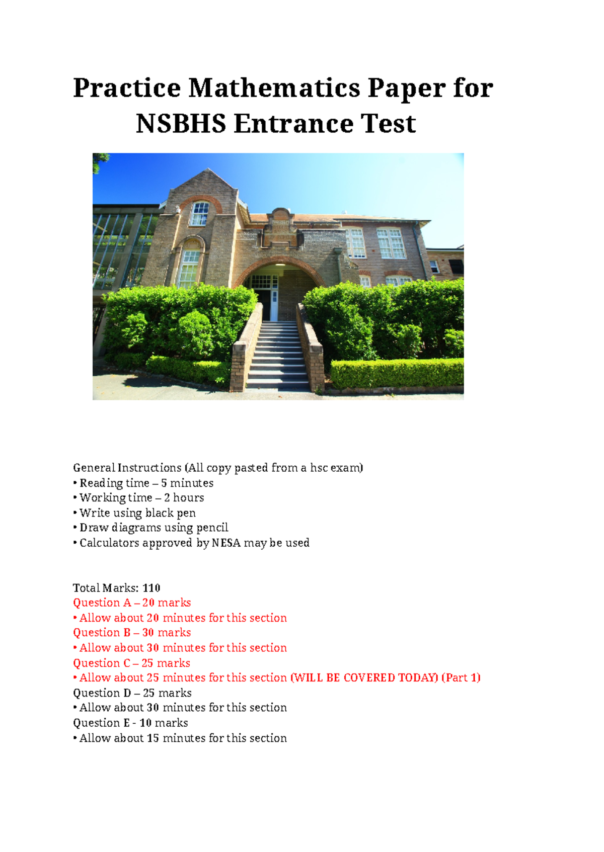 NSBHS Entrance Test Practice Math Paper: Comprehensive Guide - Studocu