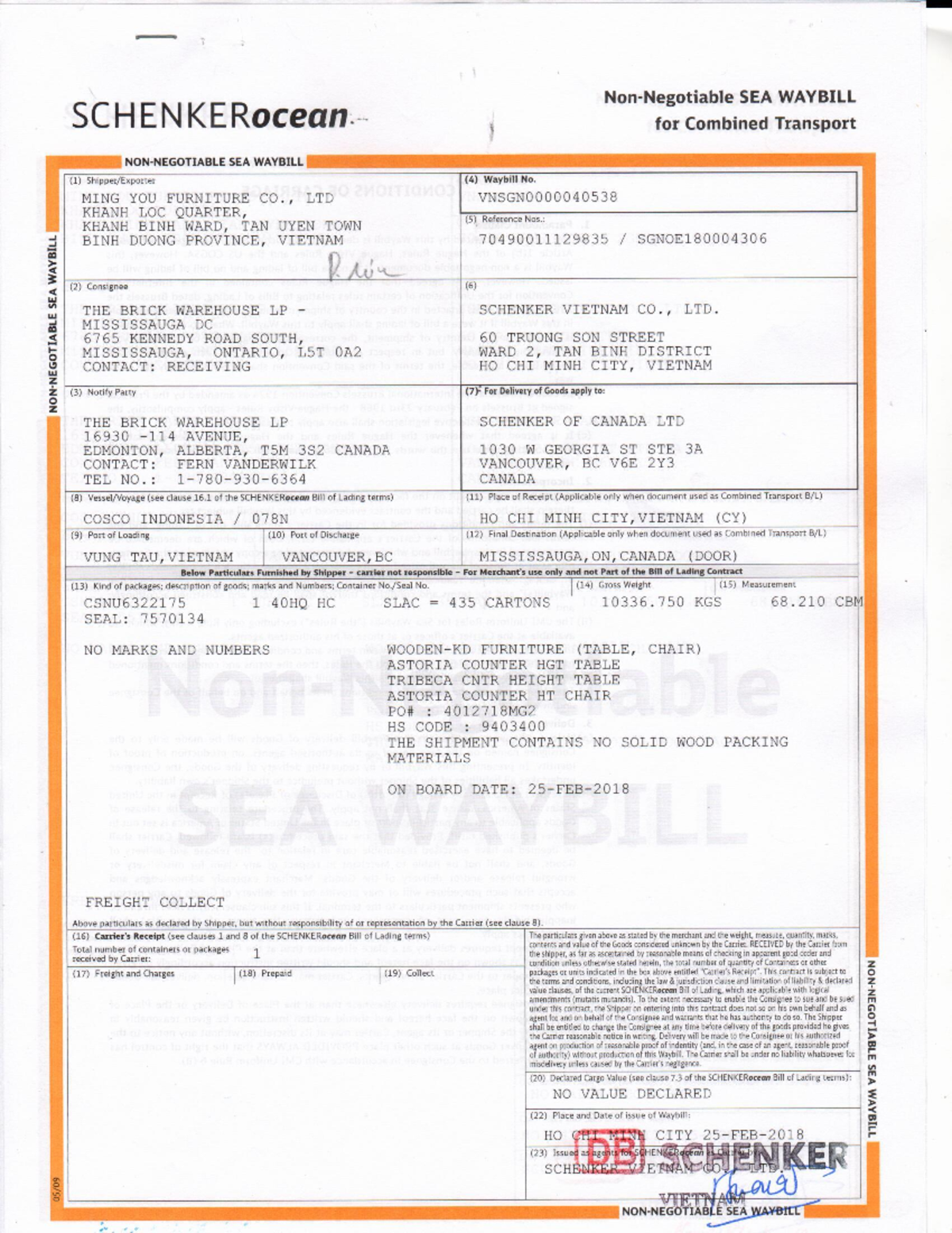2. BILL Vnsgn 0000040538 - SEA WAYBILL SCHENKE Rocean: for Combined ...