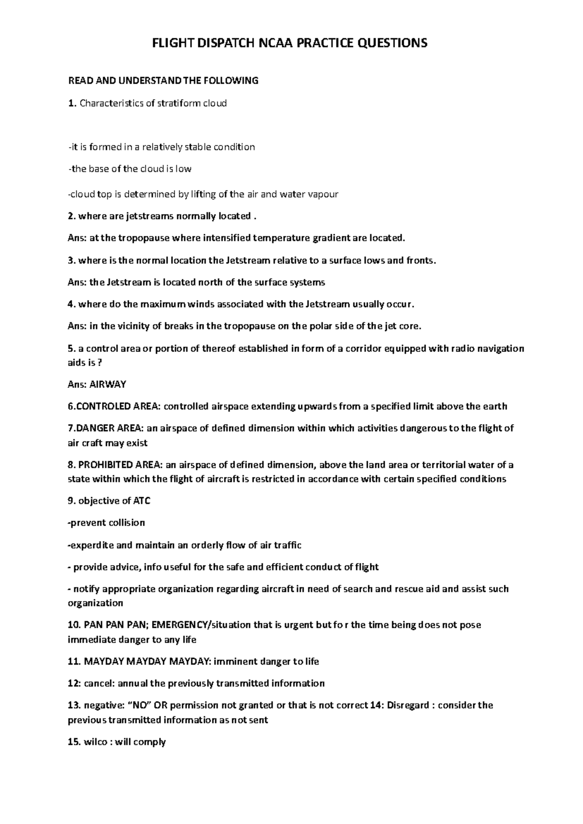 Flight Dispatch NCAA Practice Questions and Key Concepts - Studocu