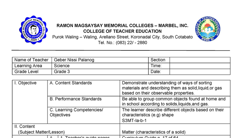 Grade 3 Science Lesson Plan: Understanding Matter and Classification ...