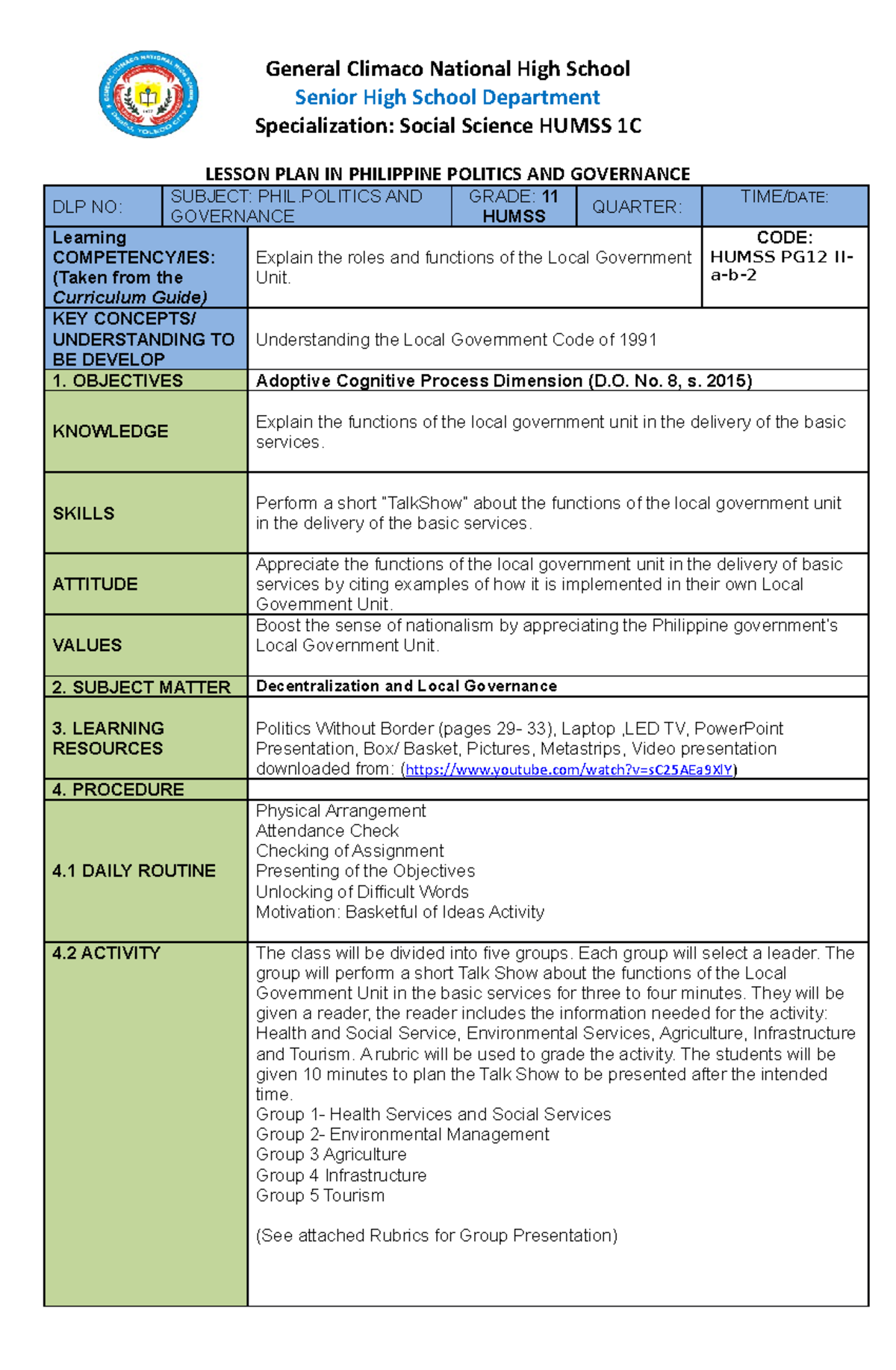 HUMSS 1C - Lesson Plan on Local Government Functions in PH Politics ...