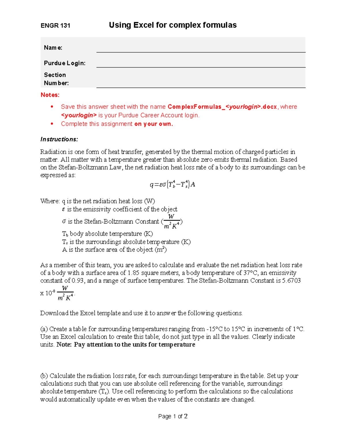 ENGR 131 Final Exam: Excel for Complex Formulas Activity - Studocu
