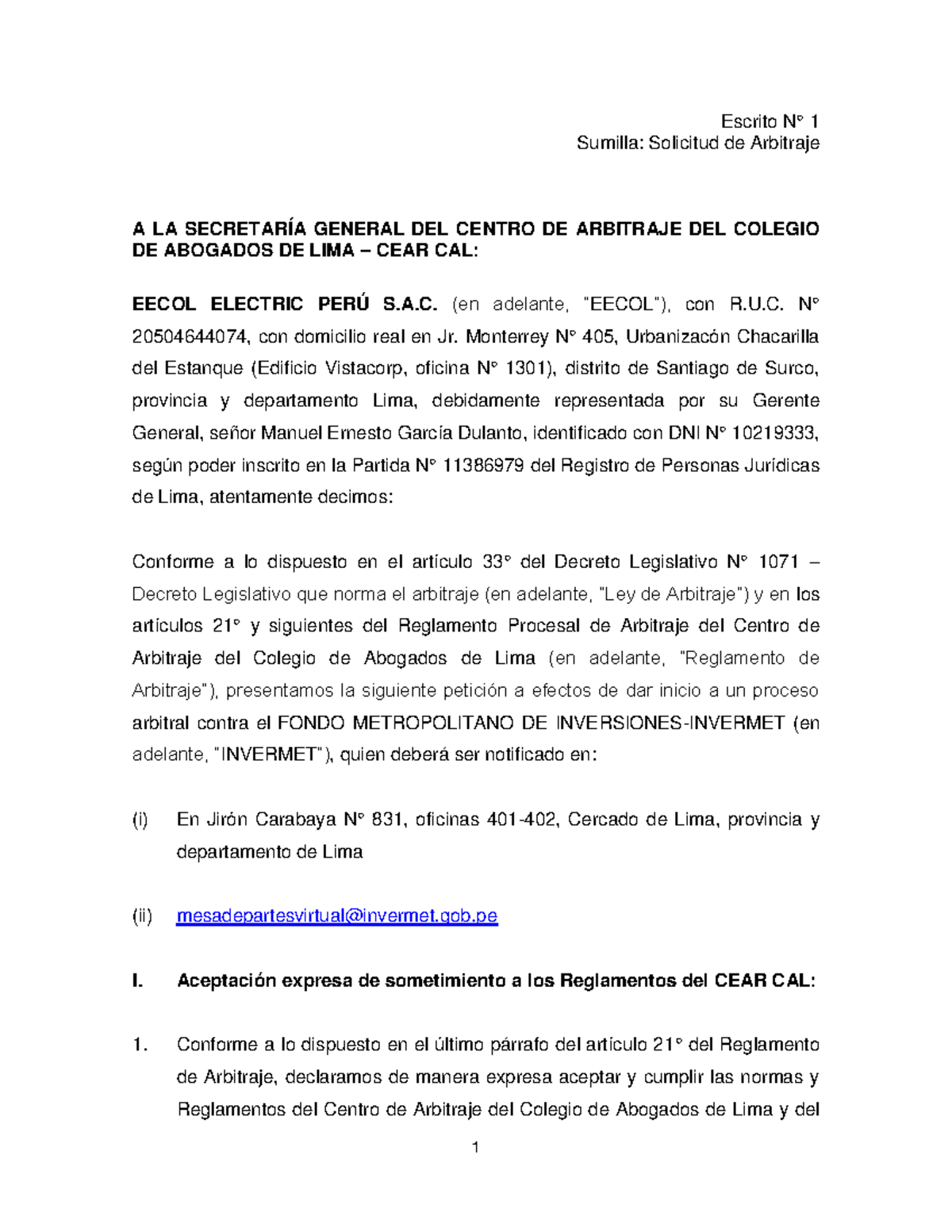 Solicitud de Arbitraje - EECOL ELECTRIC PERÚ S.A.C. vs INVERMET - Studocu