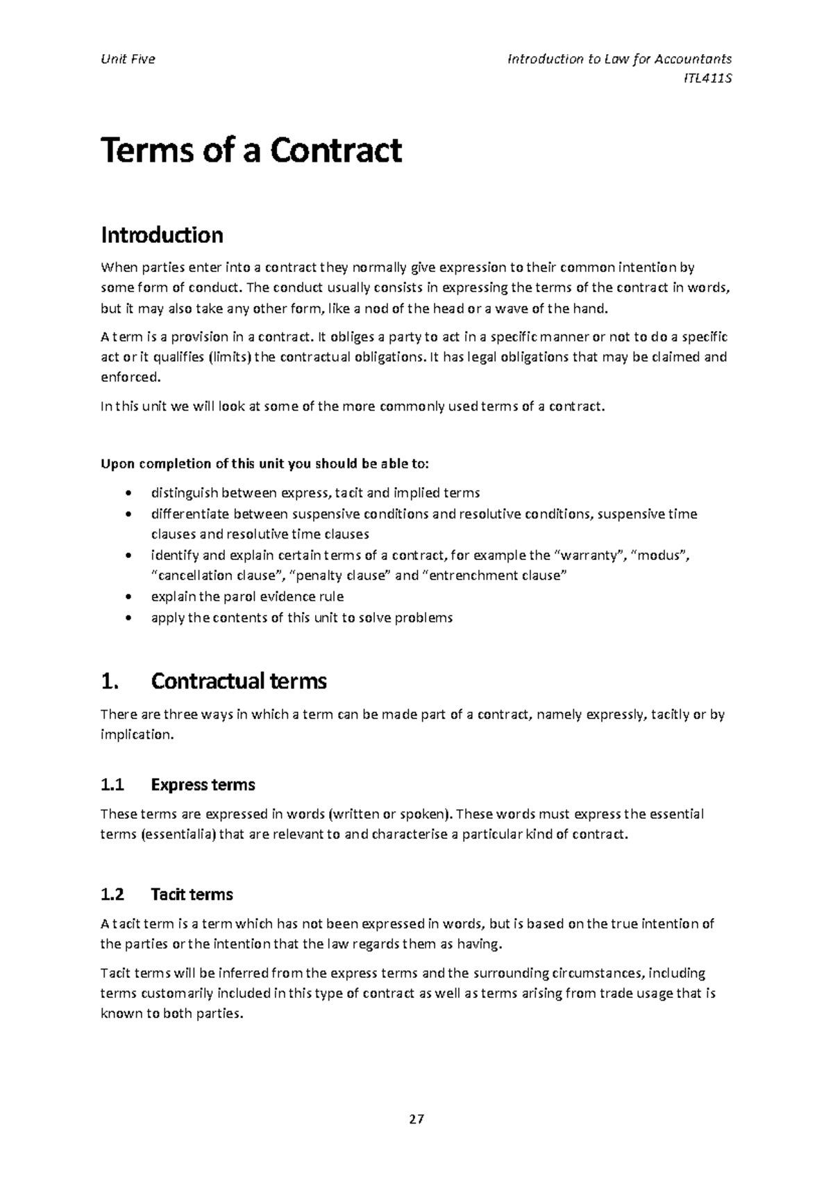 Unit Five: Key Terms and Conditions in Contracts for ITL411S - ITL411S ...