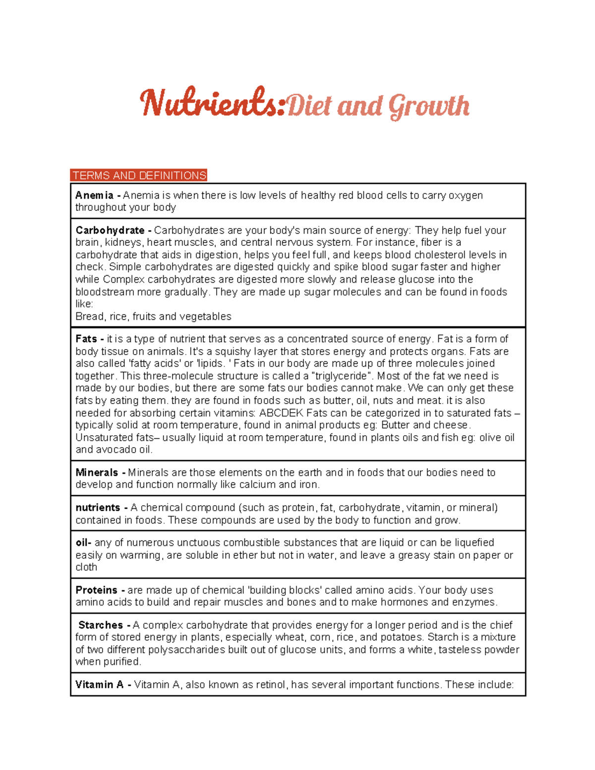 NUTR 101: Key Terms and Definitions for Diet and Growth - Studocu