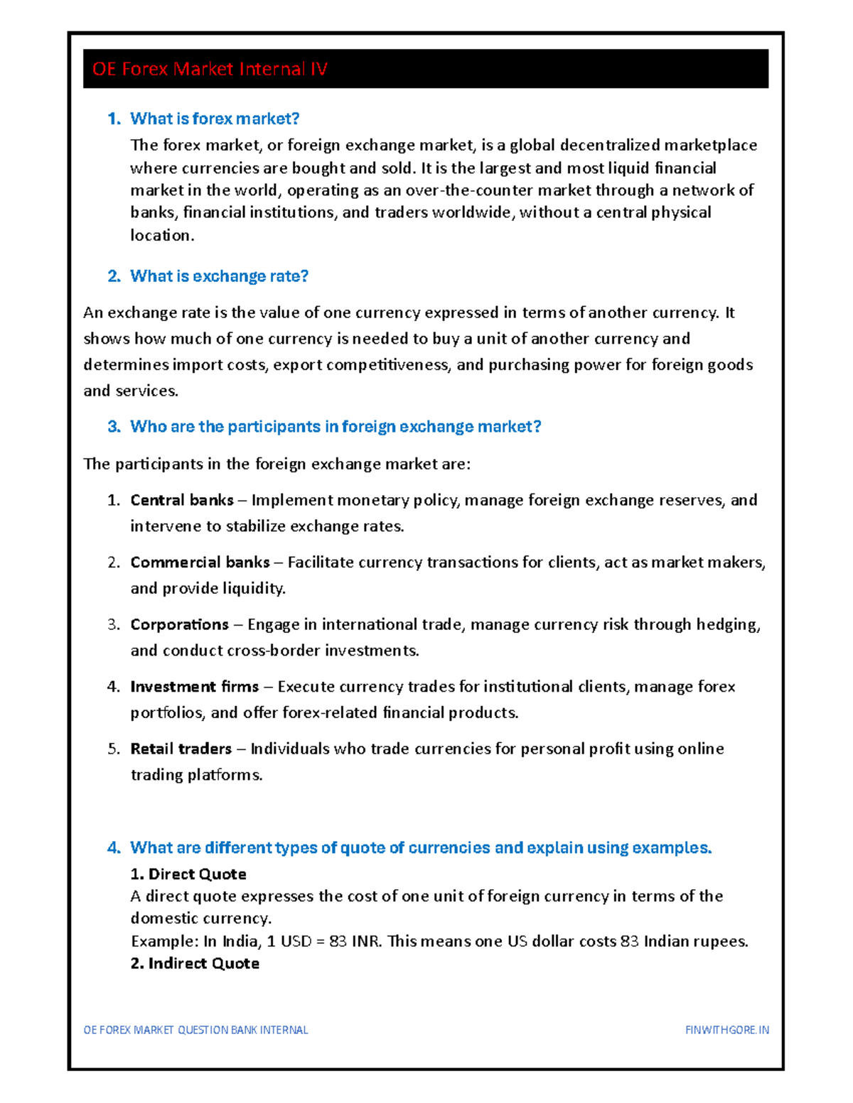 OE Forex Market Question Bank Internal - Key Concepts Explained - Studocu