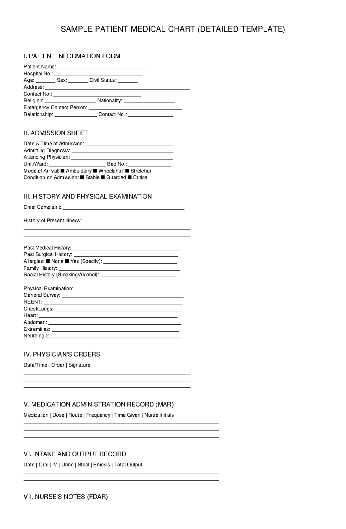 SAMPLE PATIENT MEDICAL CHART TEMPLATE (DETAILED) - Studocu