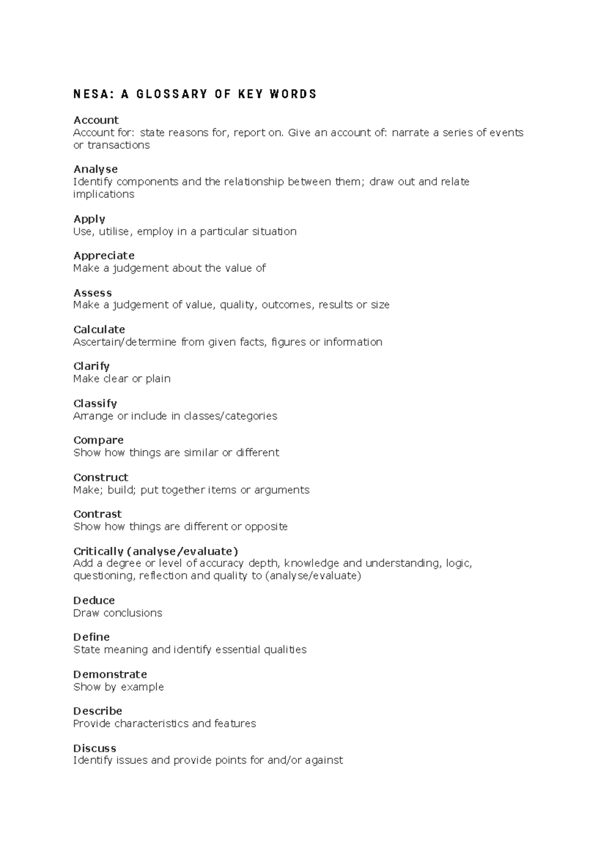 NESA: Glossary of Key Terms for Academic Success - Studocu