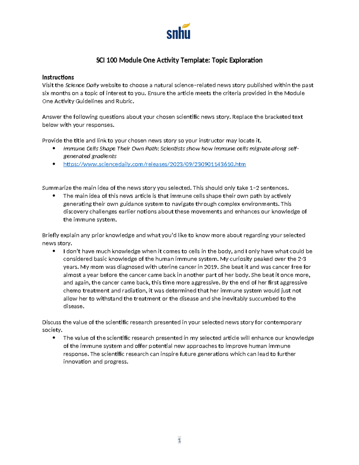 SCI 100 Module One Activity Template Completed - SCI 100 Module One ...