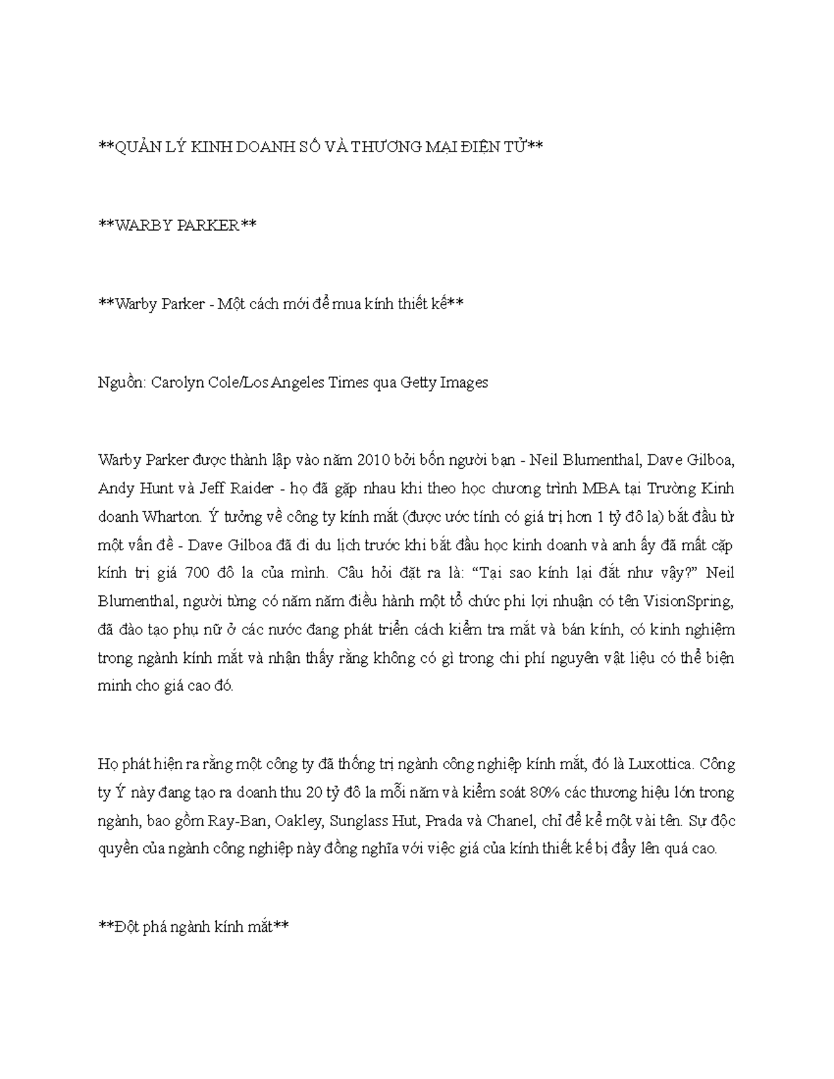 Warby Parker Case Study: Disrupting the Eyewear Industry Strategy - Studocu